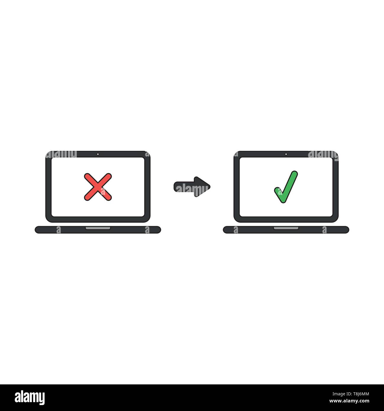 Vector icon concept of laptop computer with x mark and check mark ...