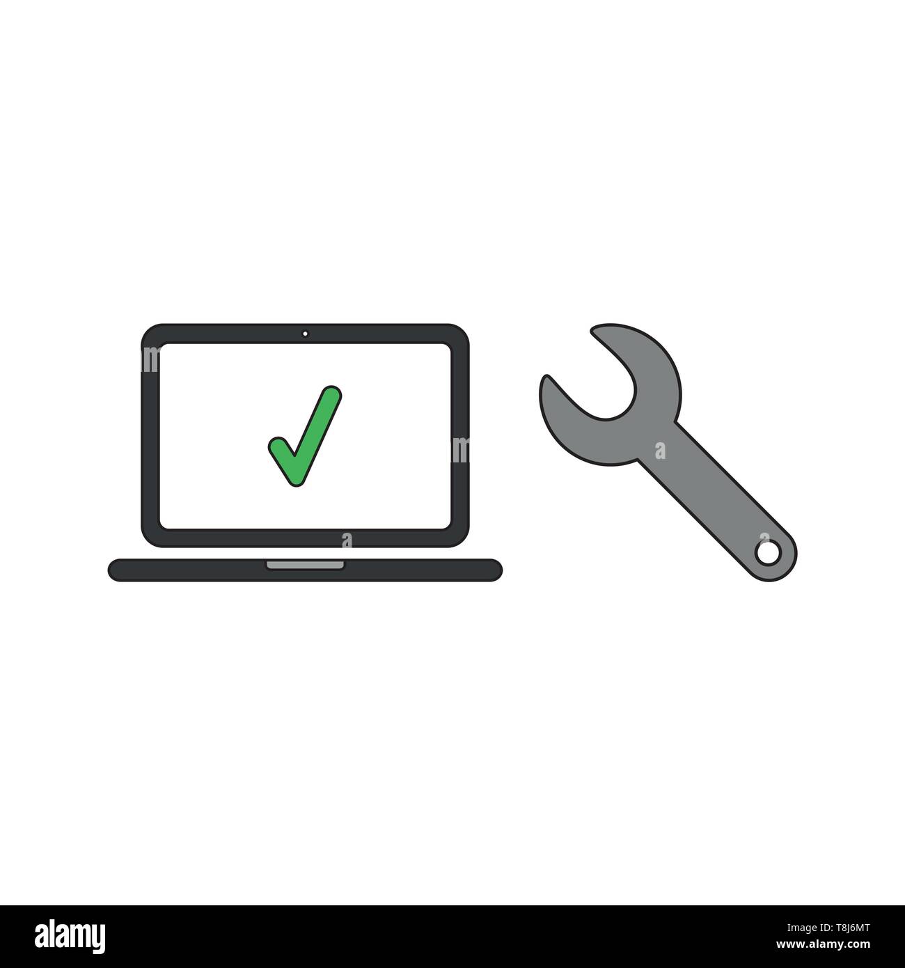 Vector icon concept of laptop computer with check mark and spanner ...