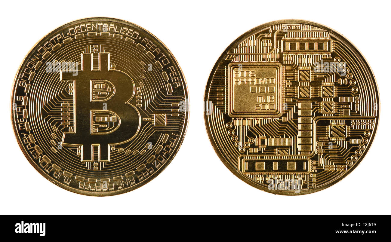 Golden bitcoin isolated on white background. Front and back sides are ...