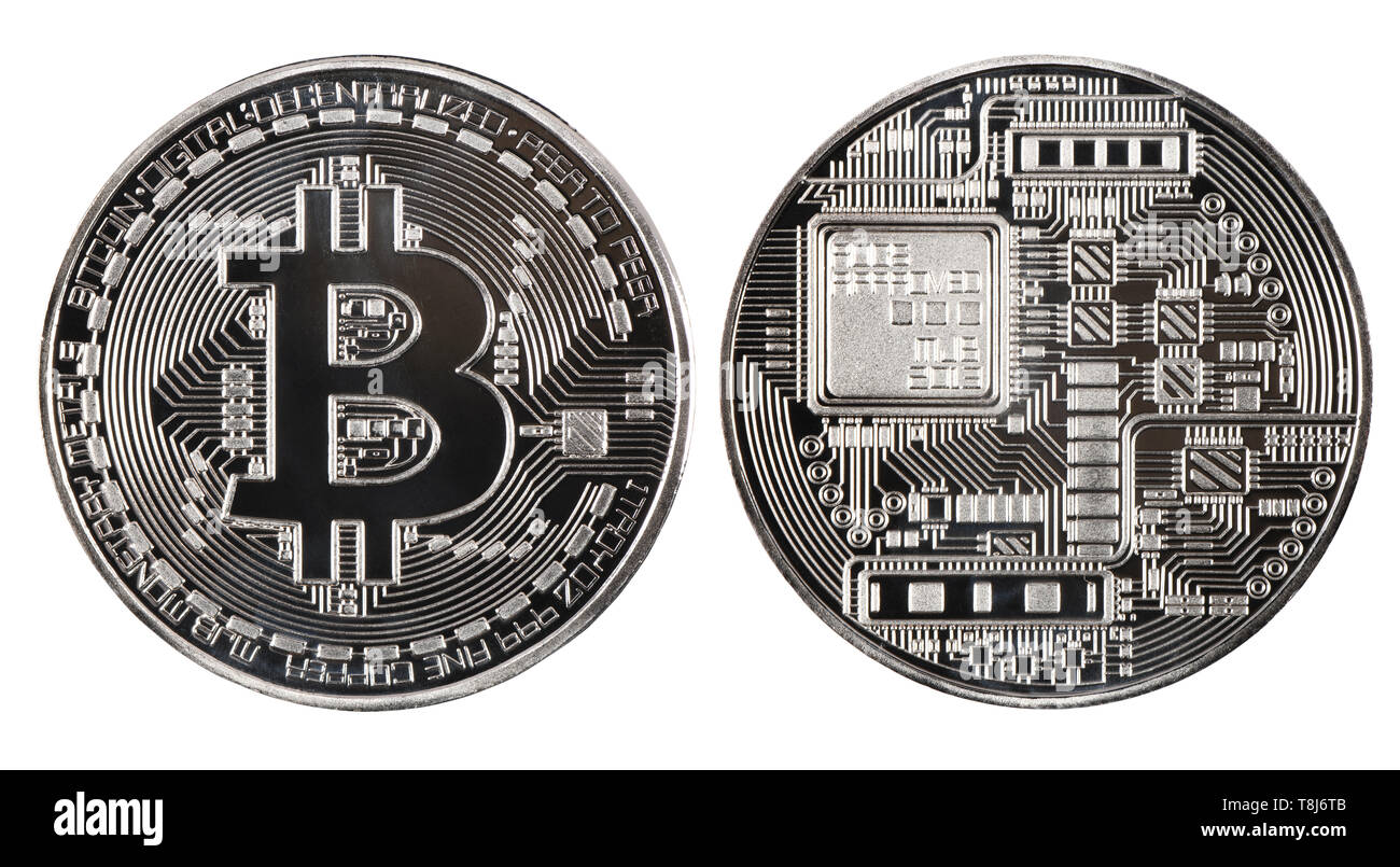 Silver bitcoin isolated on white background. Front and back sides are ...