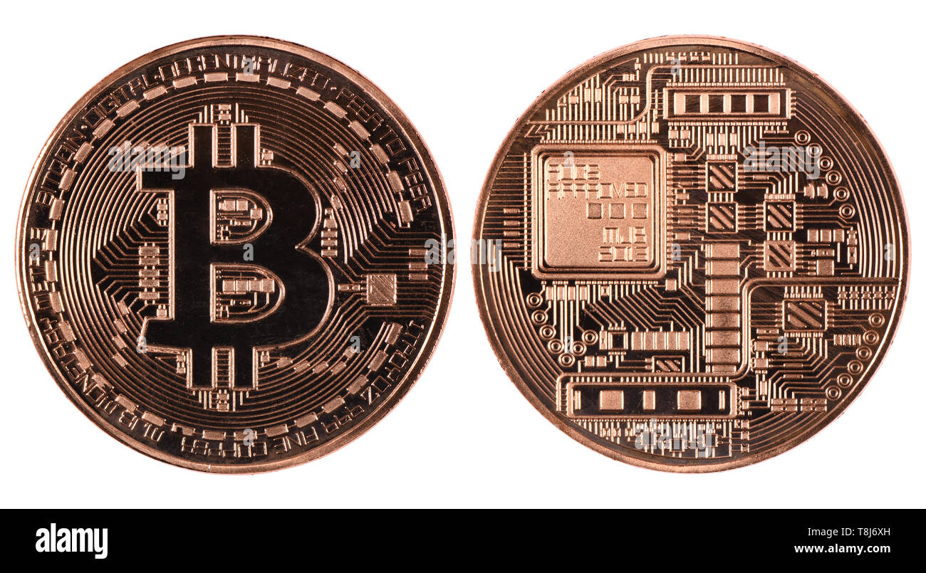 Bronze bitcoin isolated on white background. Front and back sides are ...