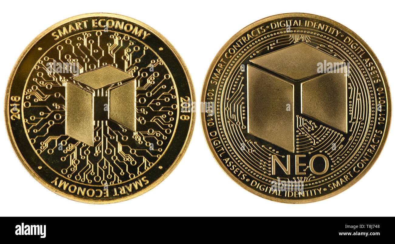 Golden neo isolated on white background. Front and back sides are shown ...