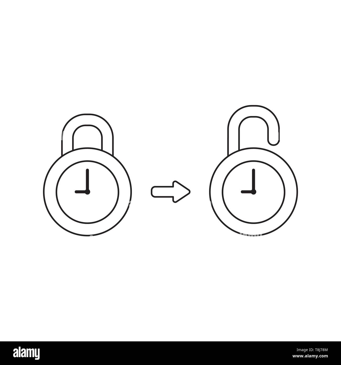 Vector icon concept of closed clock padlock opened. Black outlines ...