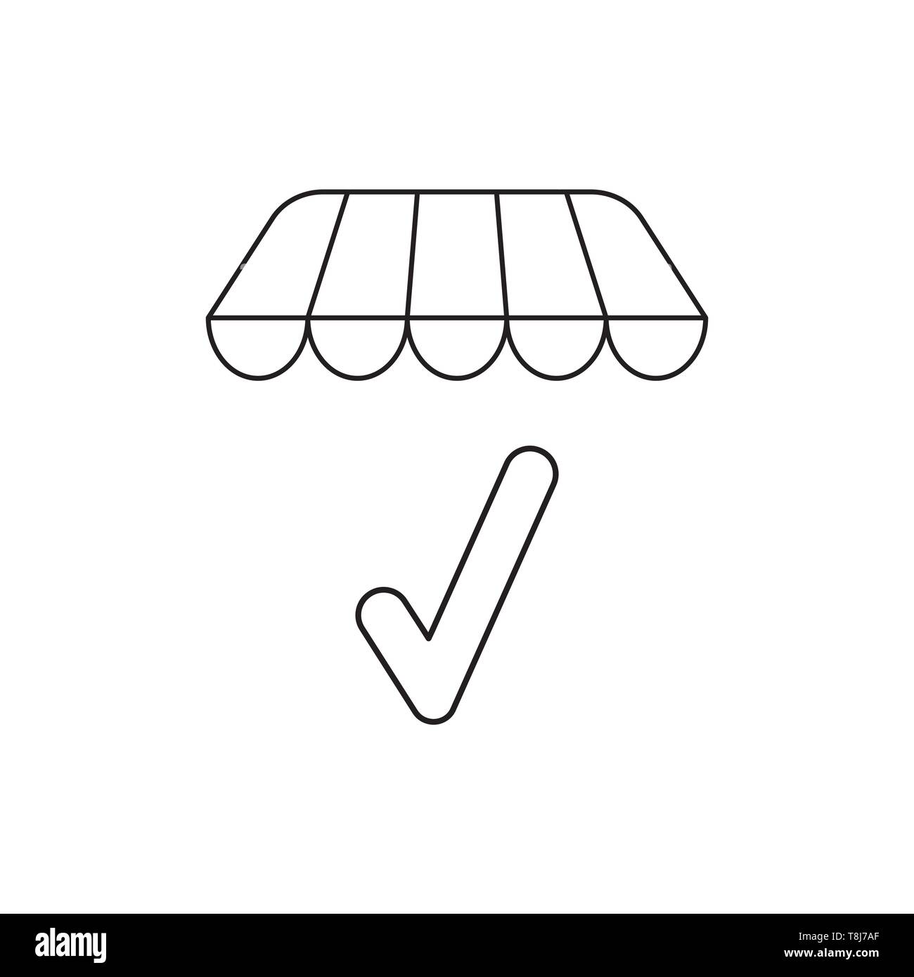 Vector icon concept of check mark under shop store roof. Black outlines ...
