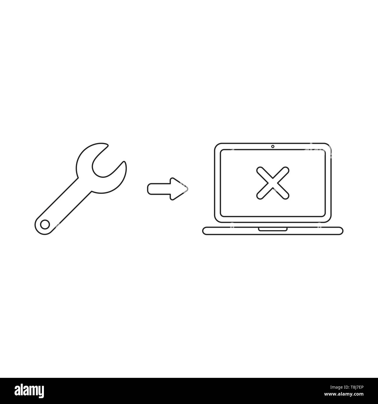 Vector icon concept of spanner with x mark inside laptop. Black ...