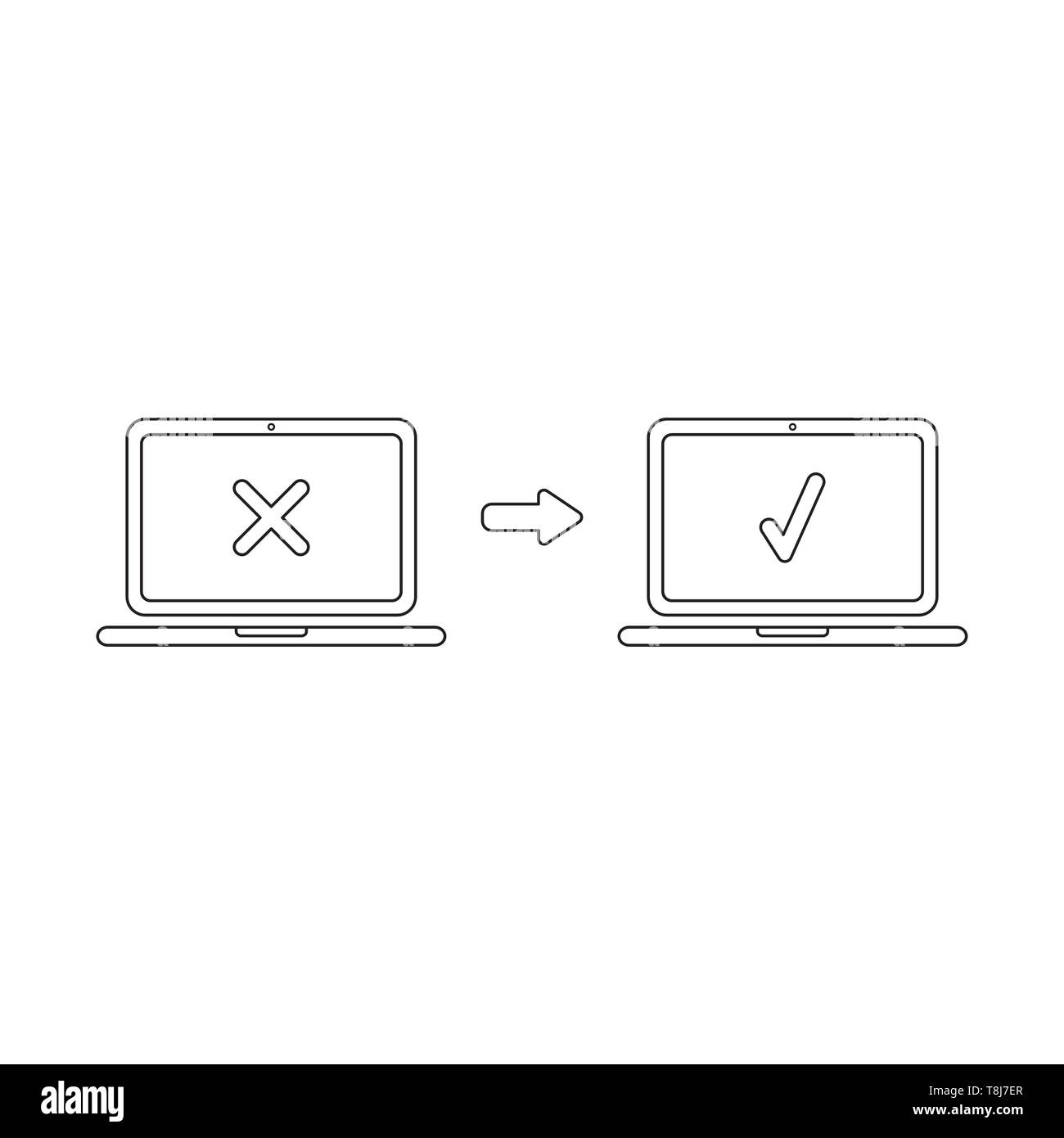 Vector icon concept of laptop with x mark and check mark. Black ...