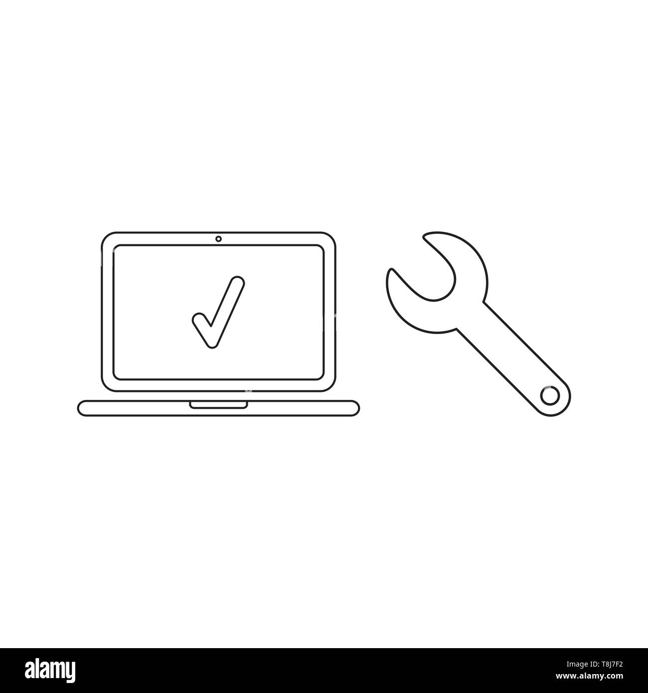 Vector icon concept of laptop with check mark and spanner. Black ...