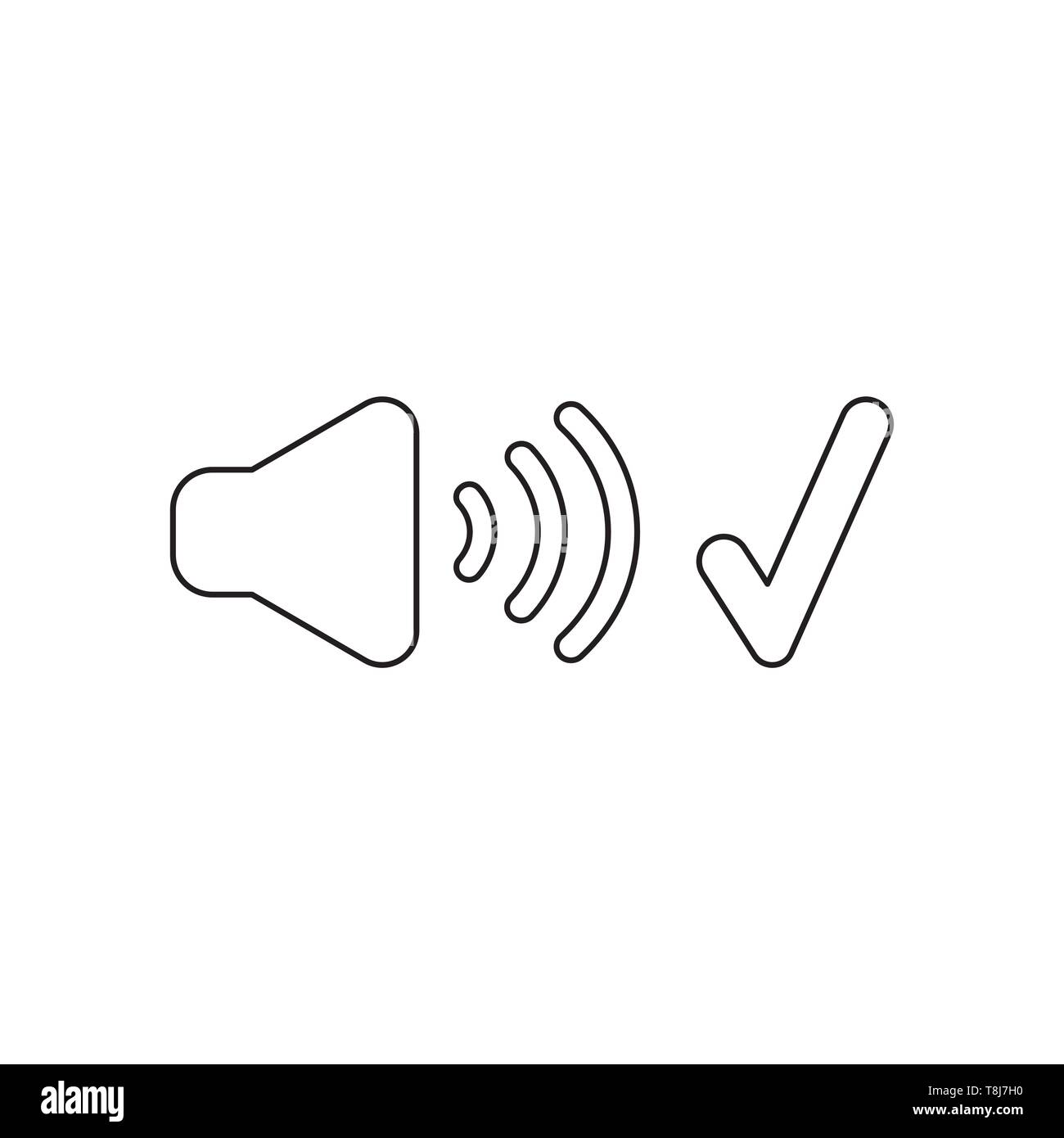 Vector icon concept of sound on symbol with check mark. Black outlines ...