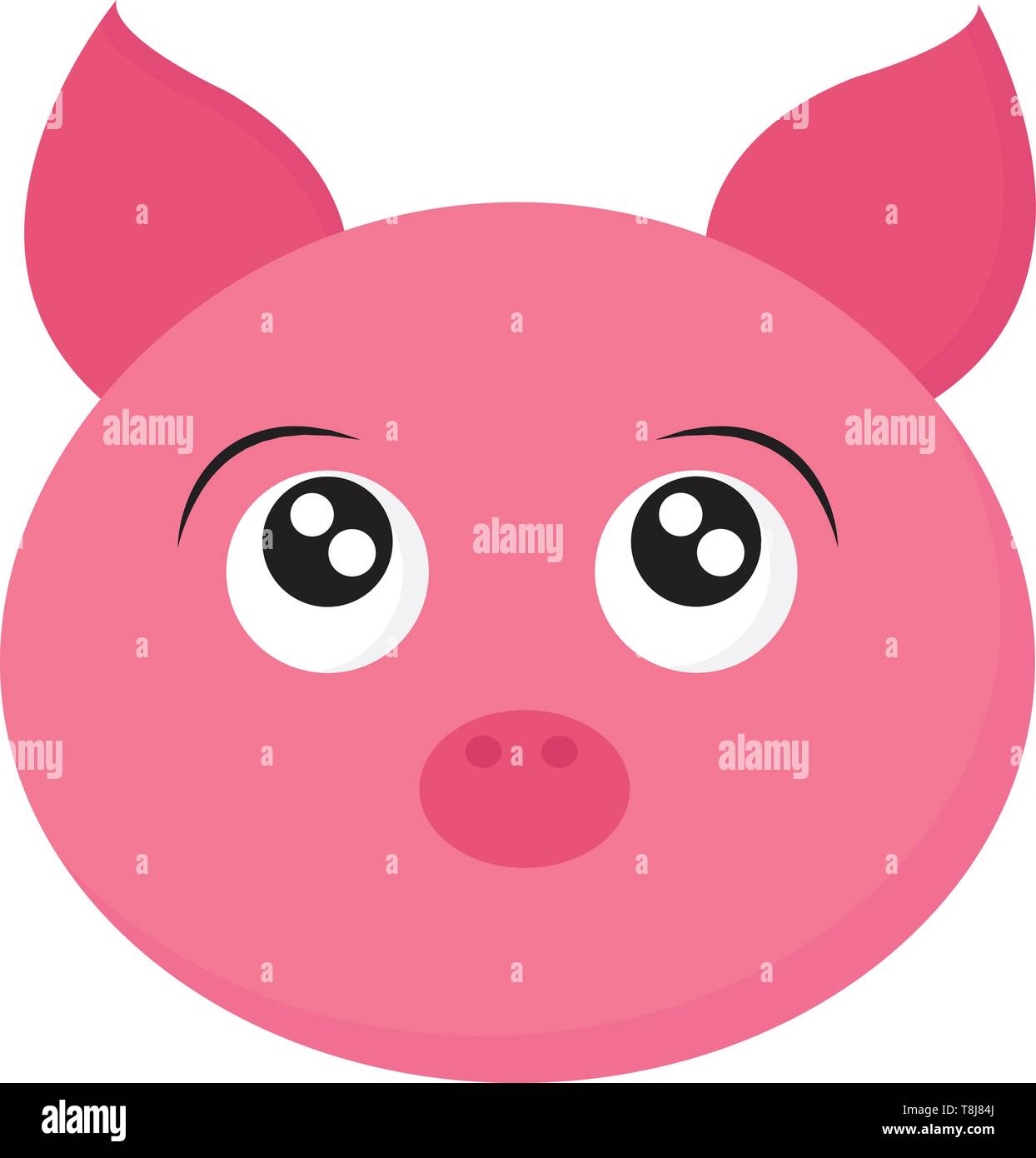 A round face of a cartoon pink pig with short oval ears, eyes rolled ...