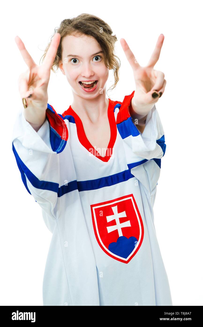 Hockey fan in jersey in national color of Slovakia cheer, celebrating ...