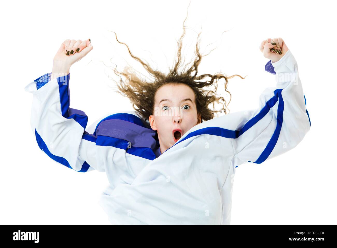 Hockey fan in jersey in color of Finland cheer, celebrating goal ...