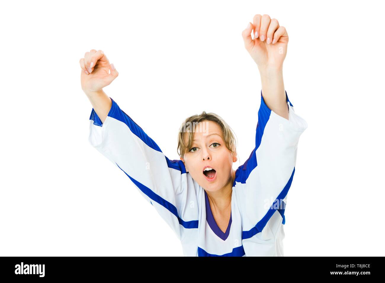 Woman Hockey fan in jersey in national color of Finland cheer ...