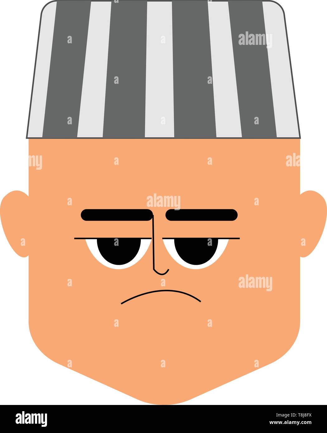 A face of a sad prisoner in a white cap with black stripes or bands ...