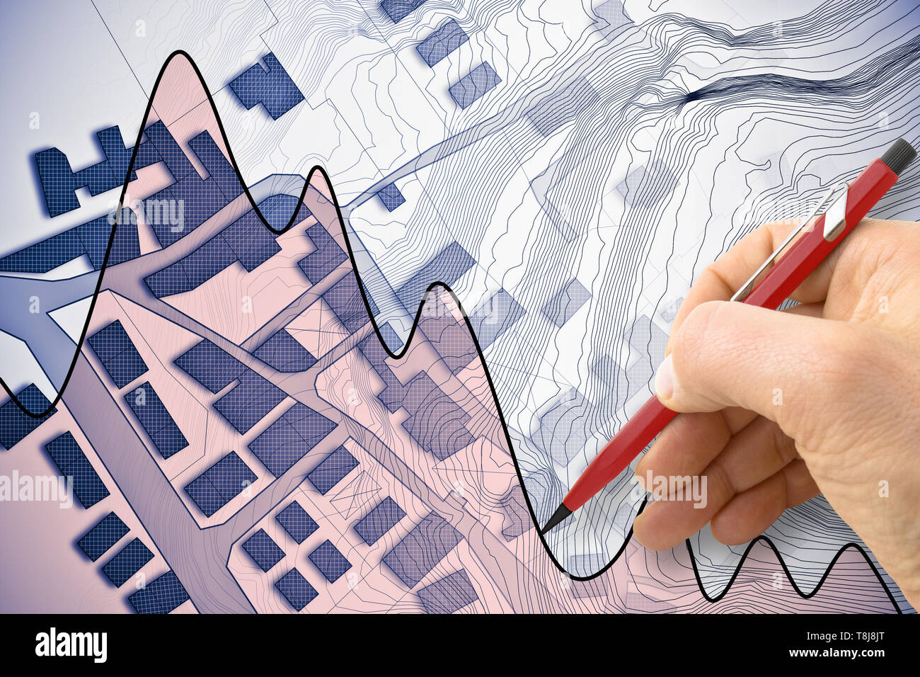 Imaginary cadastral map of territory with buildings, roads and hand ...