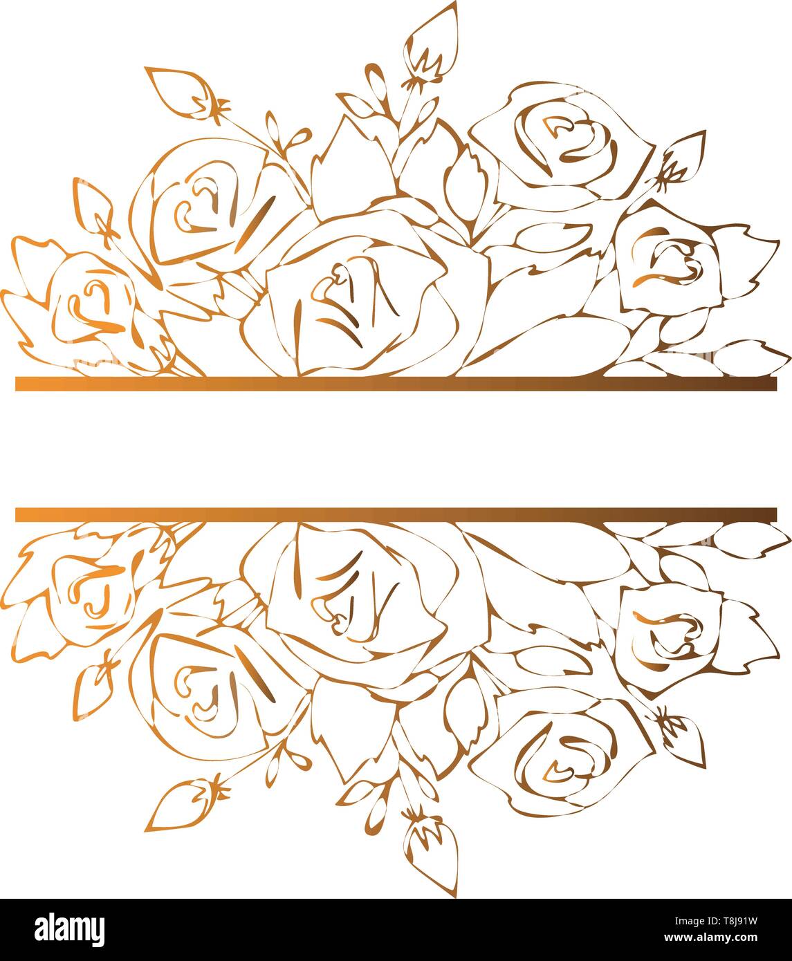 Gold roses frame, flowers drawing and sketch with line-art on white ...