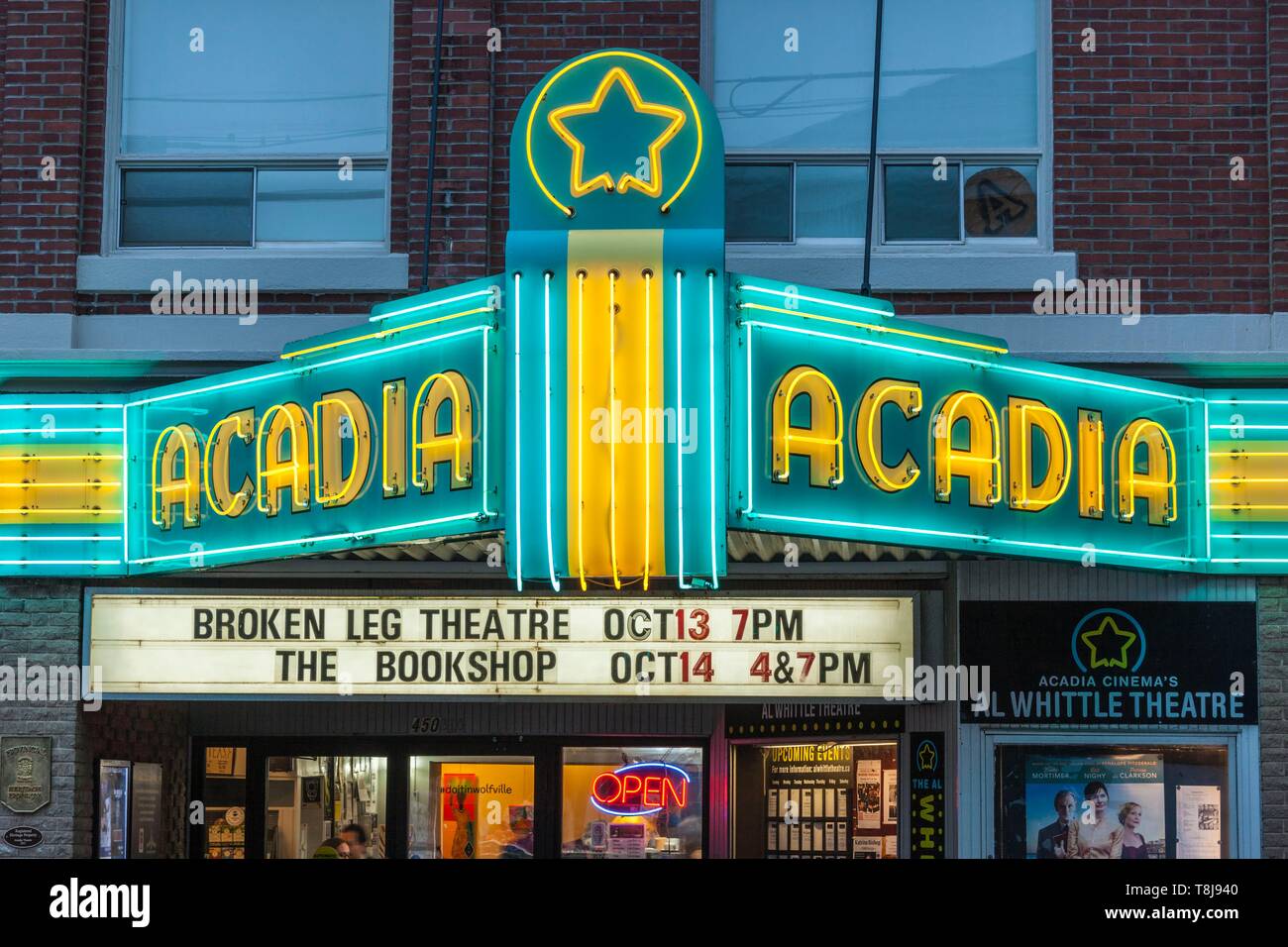 Canada, Nova Scotia, Annapolis Valley, Wolfville, Acadia Theater, neon ...