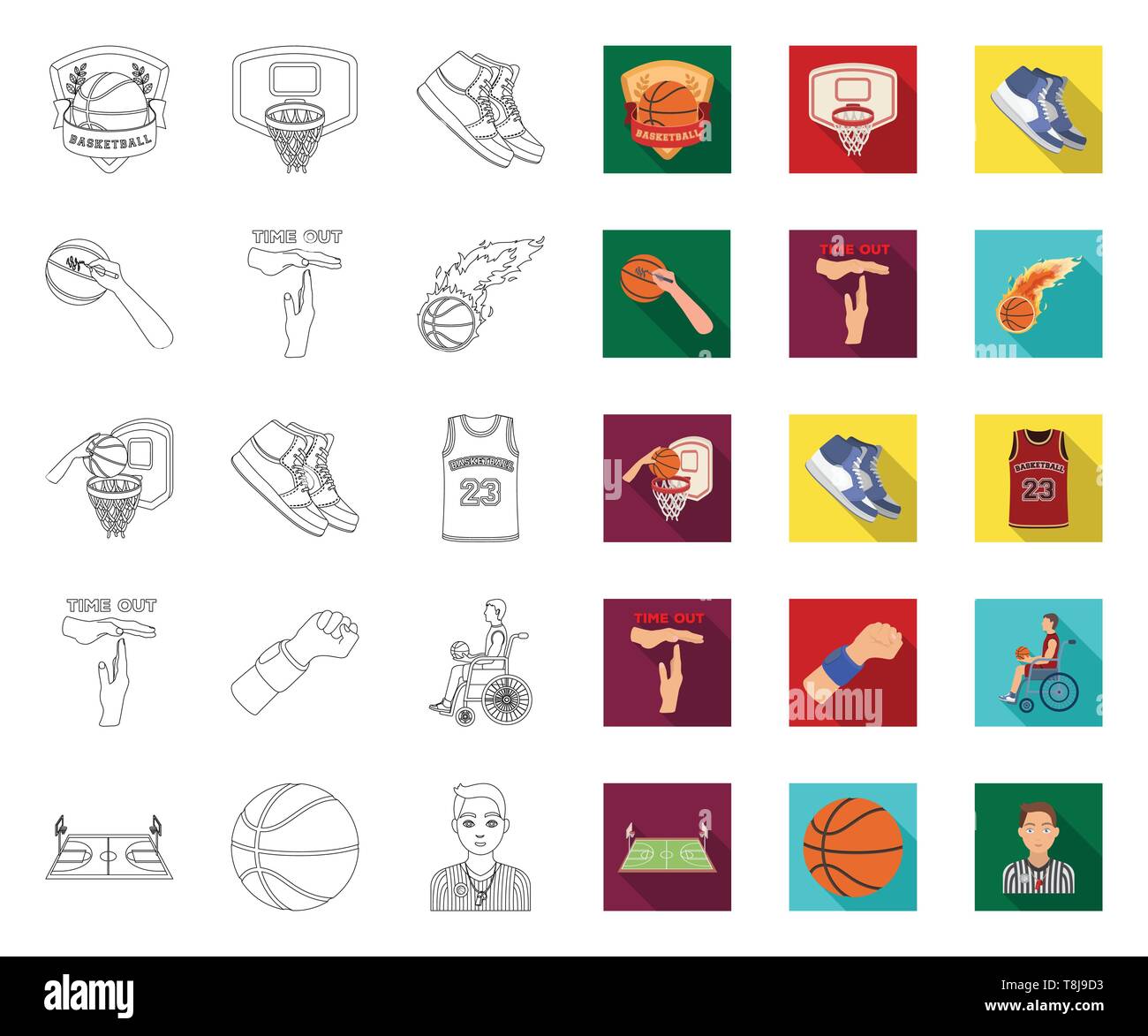 Basketball and attributes outline,flat icons in set collection for ...