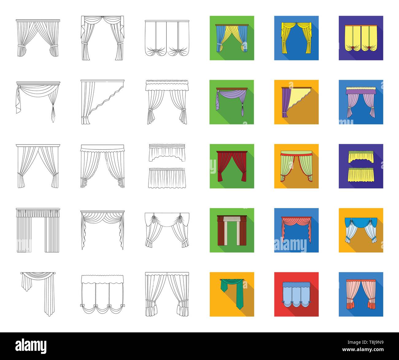 Different kinds of curtains outline,flat icons in set collection for ...