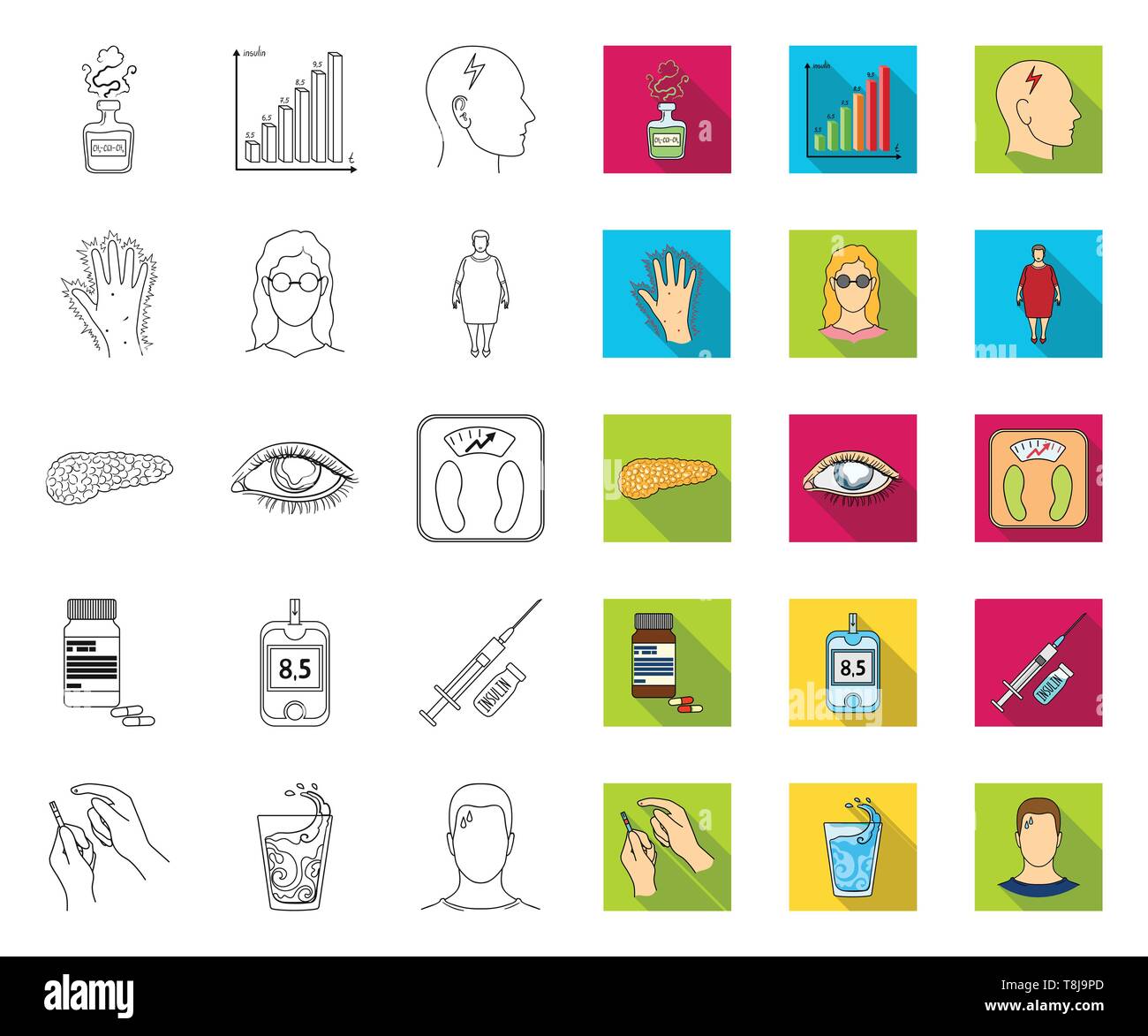 Diabetes outline,flat icons in set collection for design. Treatment of ...