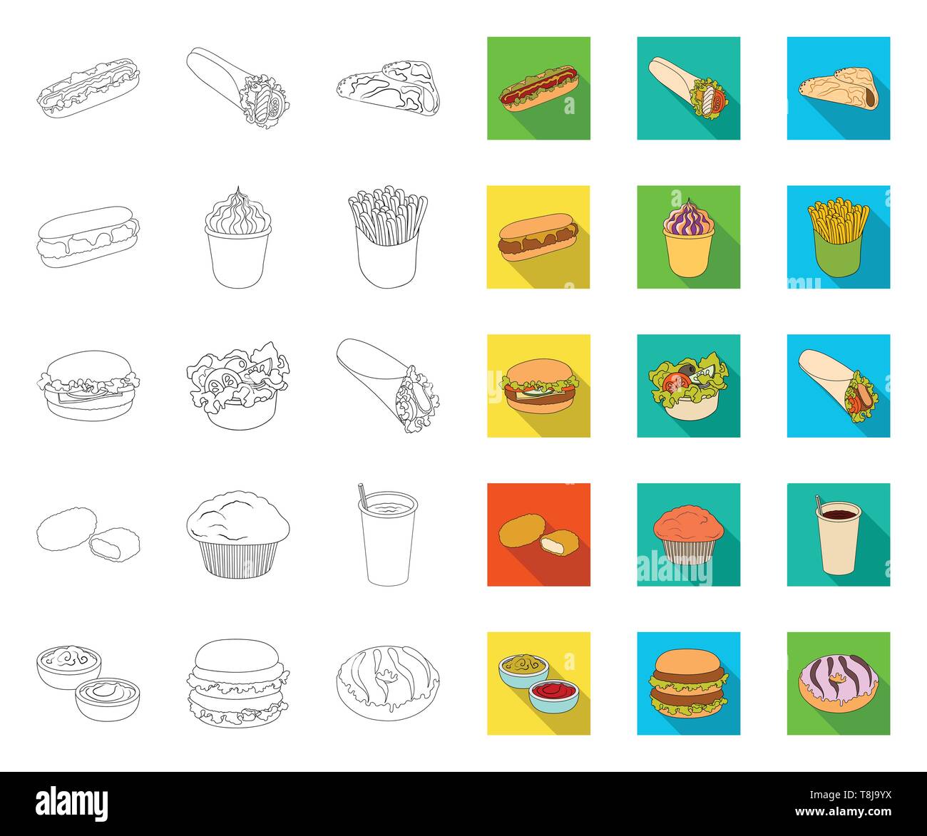 Fast food outline,flat icons in set collection for design.Food from ...
