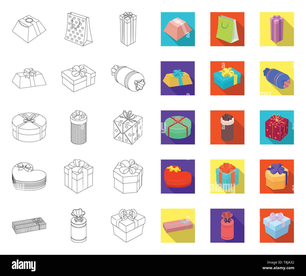 Gift and packing outline,flat icons in set collection for design ...