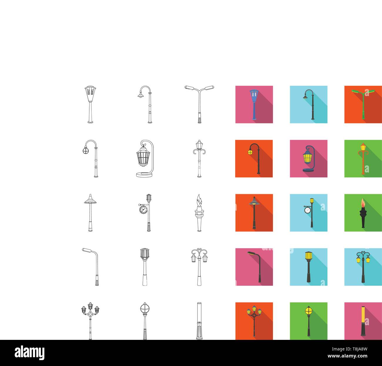 Lamp post outline,flat icons in set collection for design. Lantern and ...