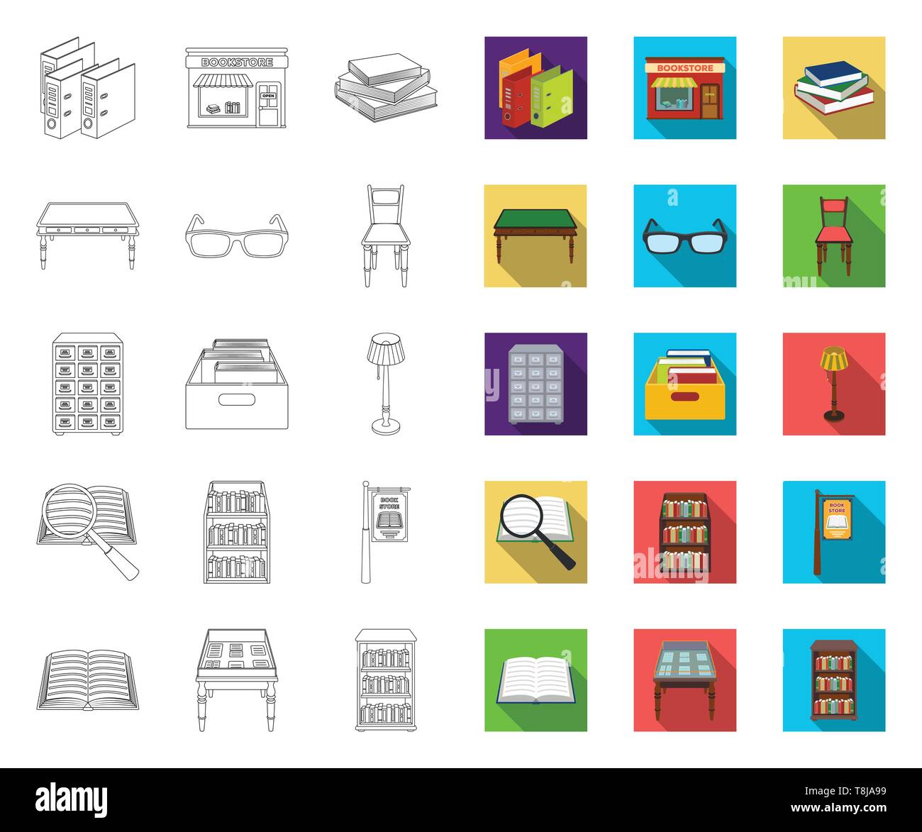 Library and bookstore outline,flat icons in set collection for design ...