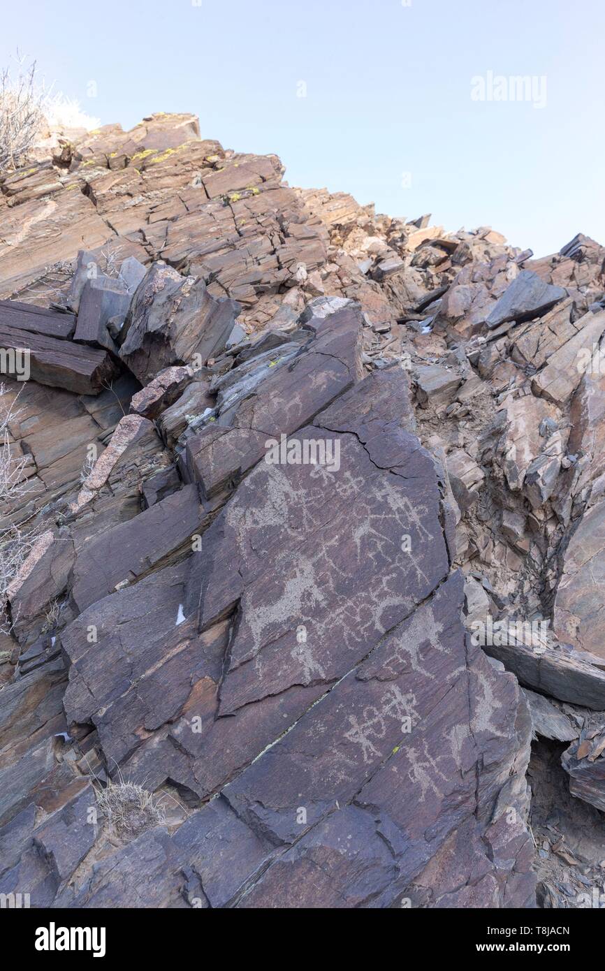 Mongolia, West Mongolia, Altai mountains, Valley of rock carvings ...