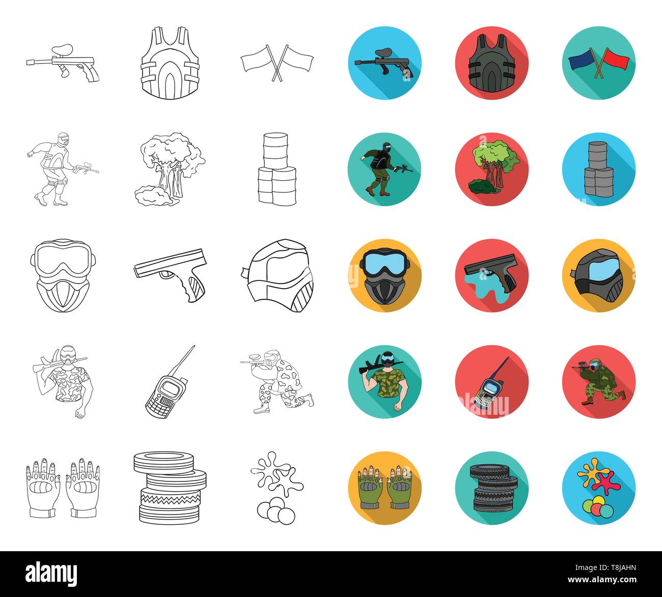 Paintball, team game outline,flat icons in set collection for design ...
