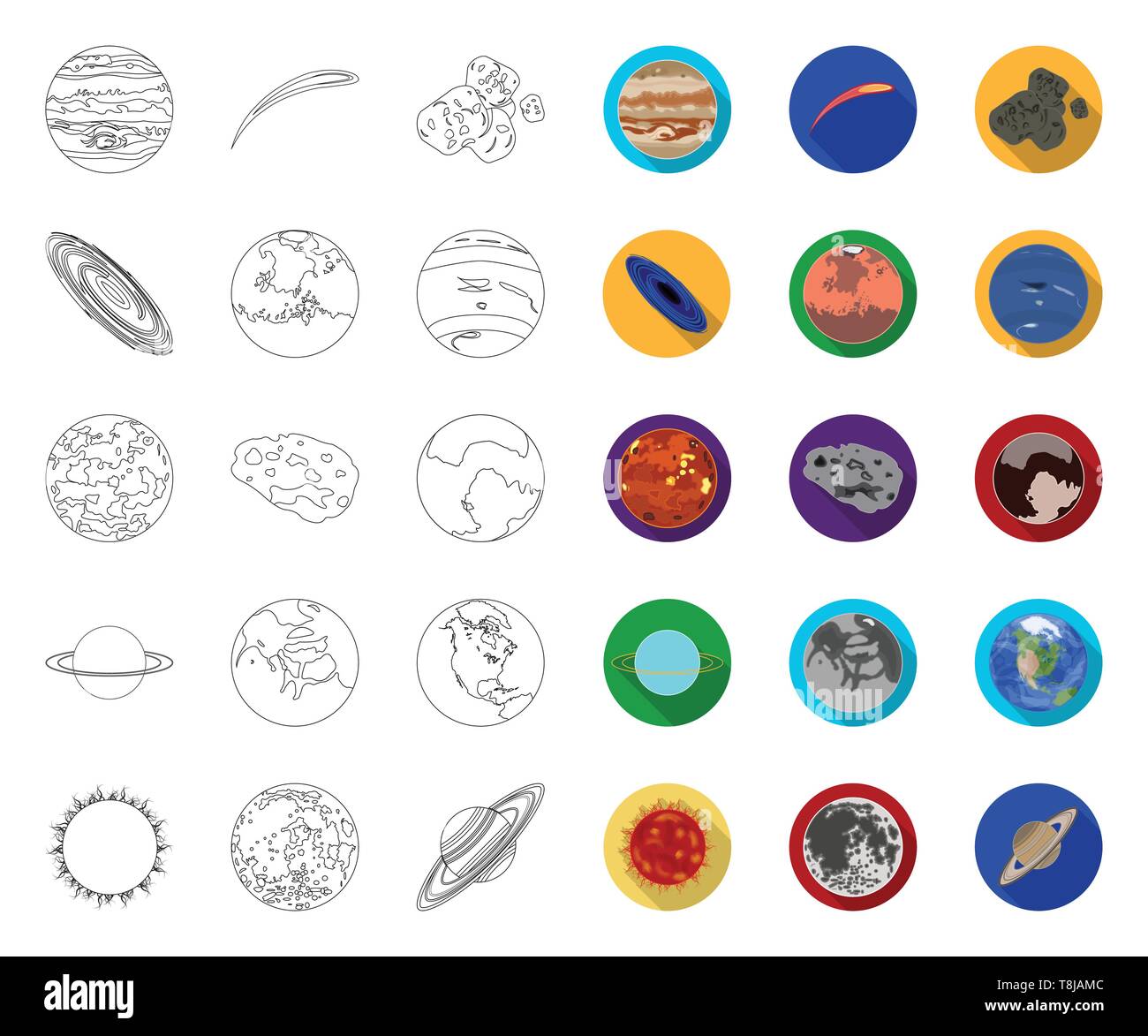 Planets of the solar system outline,flat icons in set collection for ...