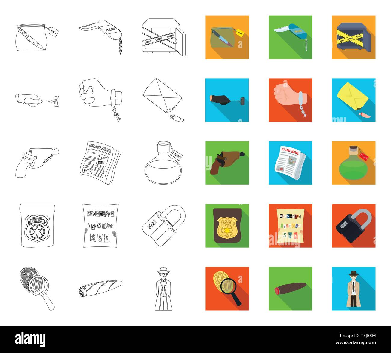 Detective agency outline,flat icons in set collection for design. Crime ...