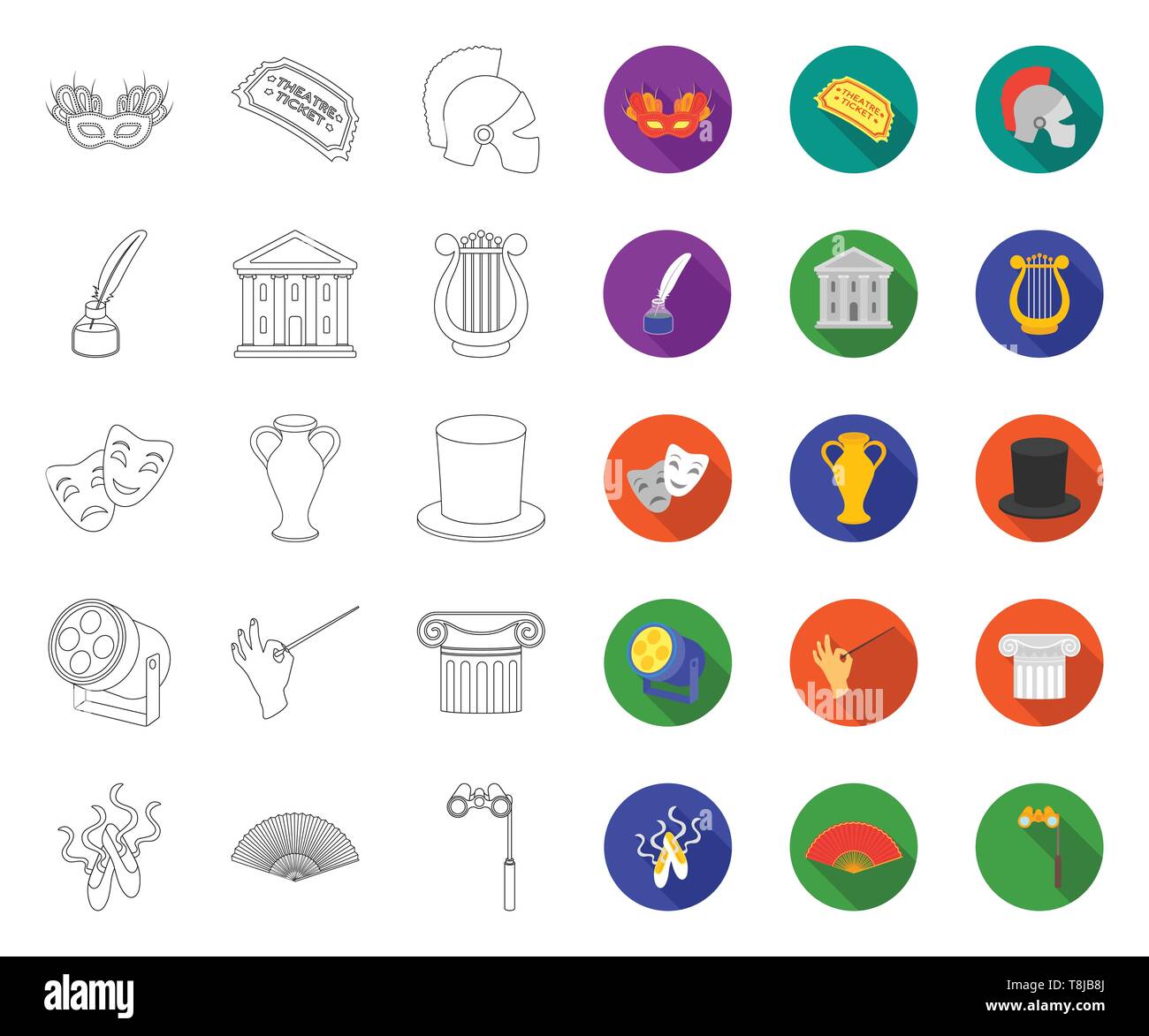 Theatrical art outline,flat icons in set collection for design.Theater ...