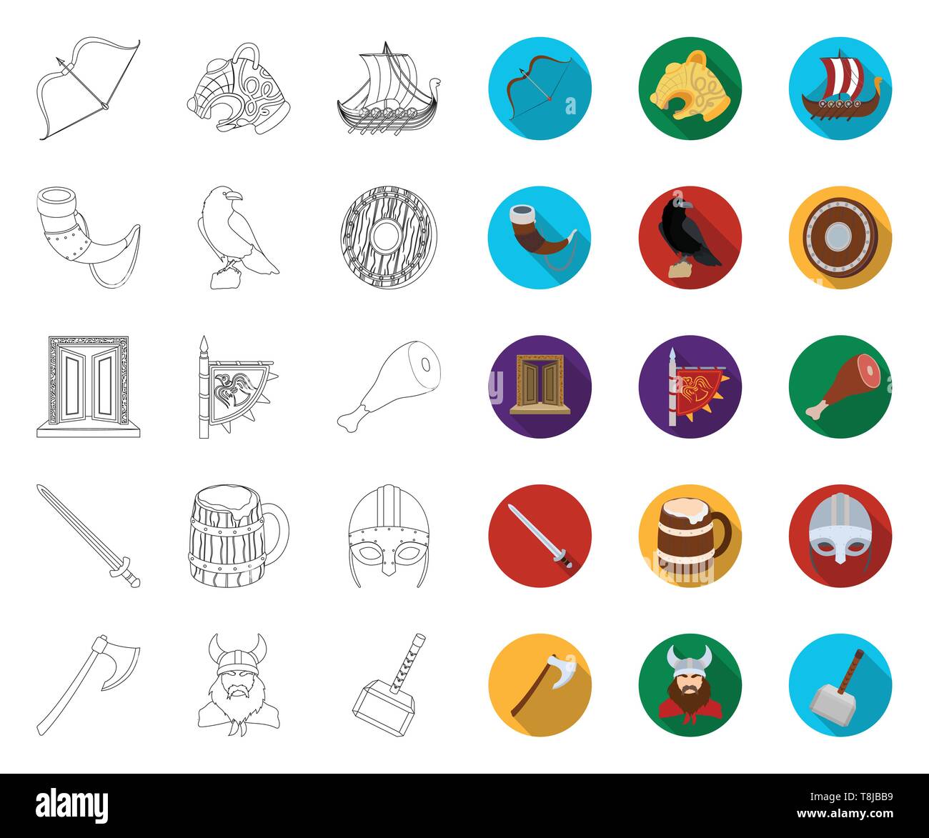 Vikings and attributes outline,flat icons in set collection for design ...