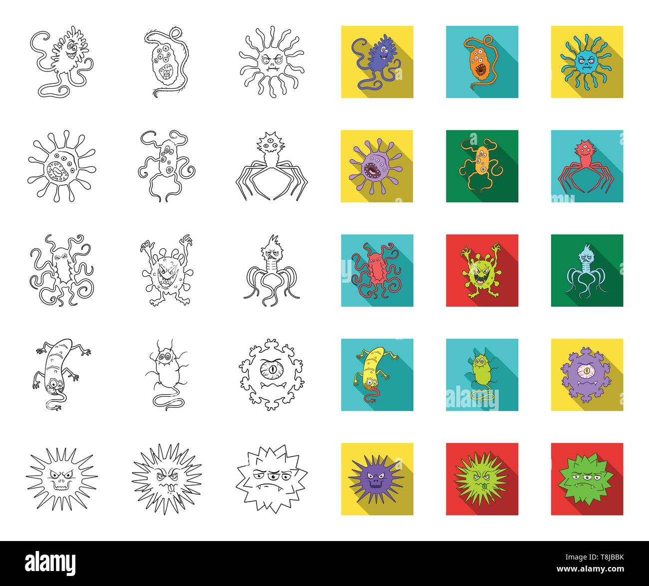 Types of funny microbes outline,flat icons in set collection for design ...