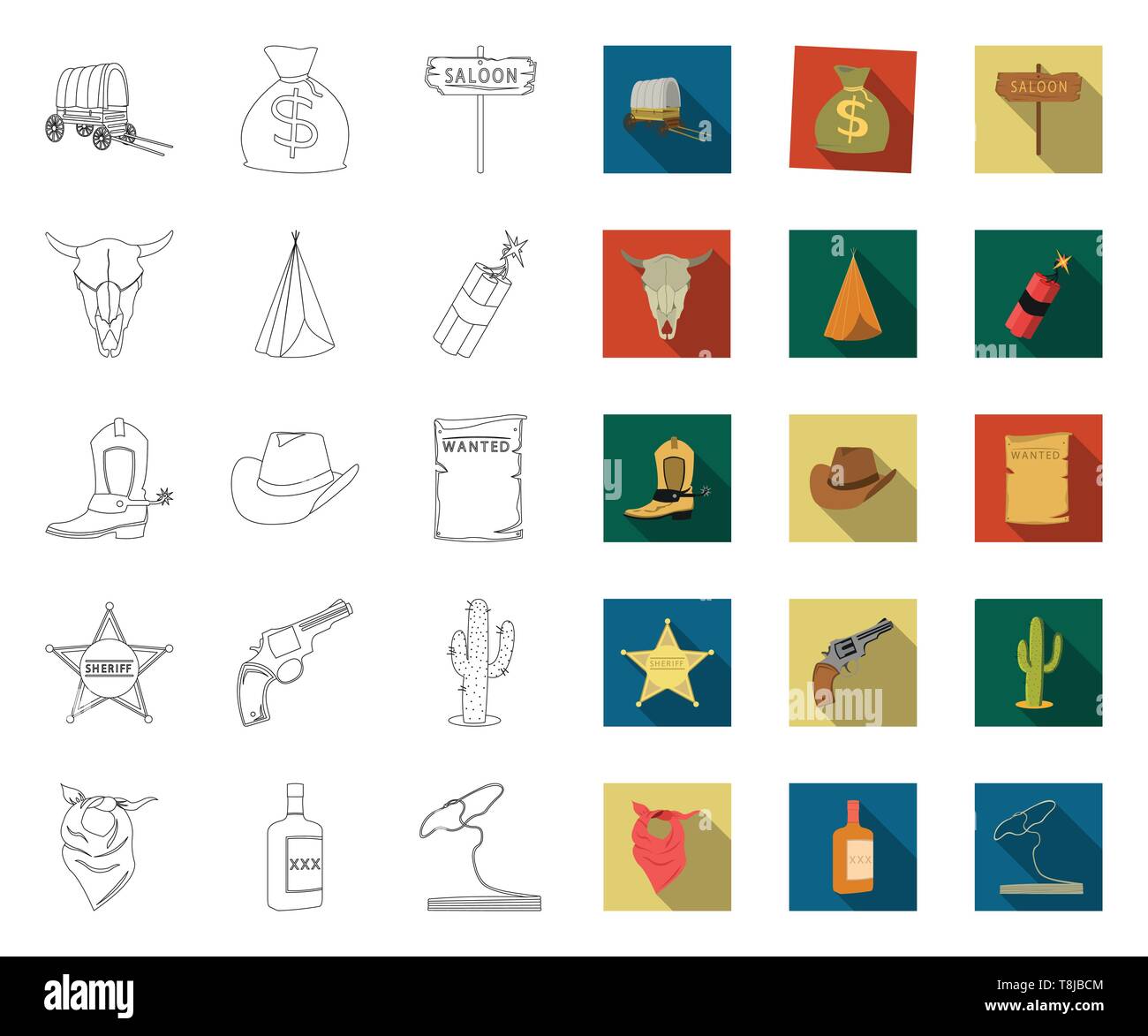 Attributes of the wild west outline,flat icons in set collection for ...