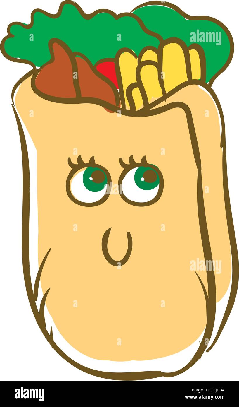 A colored drawing of happy shawarma with full of vegetable., vector ...