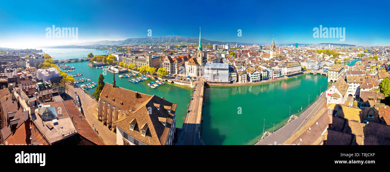Zurich and Limmat river waterfront aerial panoramic view, largest city ...
