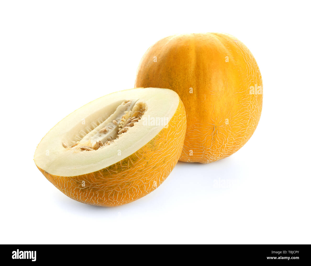 Cut and whole ripe sweet melons on white background Stock Photo - Alamy