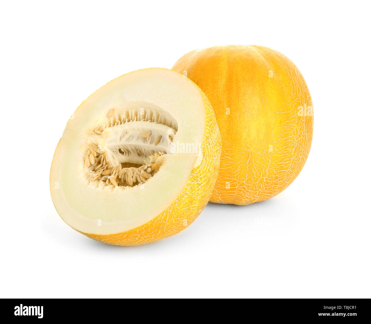 Cut and whole ripe sweet melons on white background Stock Photo - Alamy