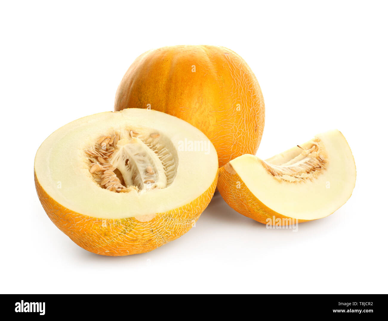 Cut and whole ripe sweet melons on white background Stock Photo - Alamy