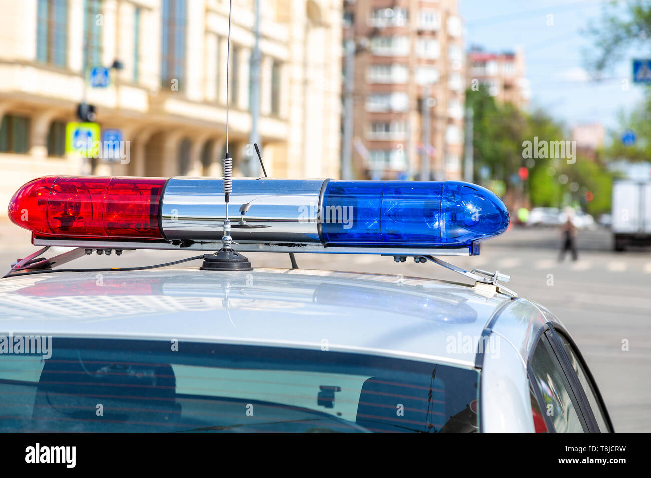 Close-up of the colorful lights on top of a police vehicle. Flashing ...