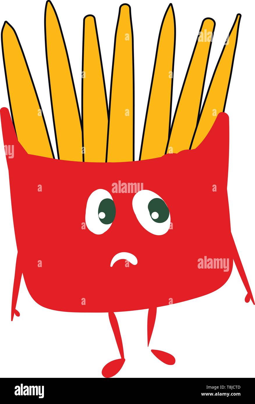 A red colored inconsolable French fries packet with two hands and legs ...