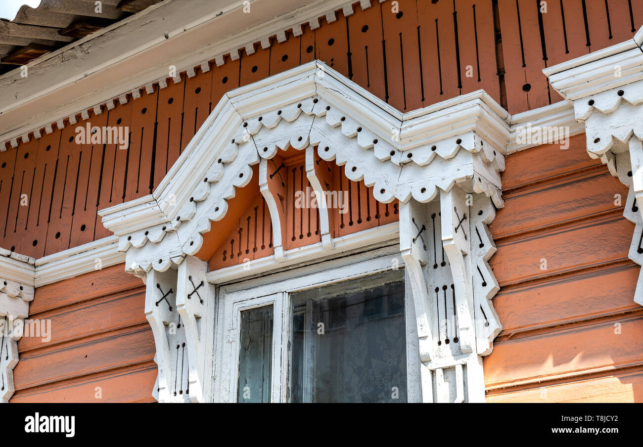 Russian traditional wooden architecture. Facade of an old house ...