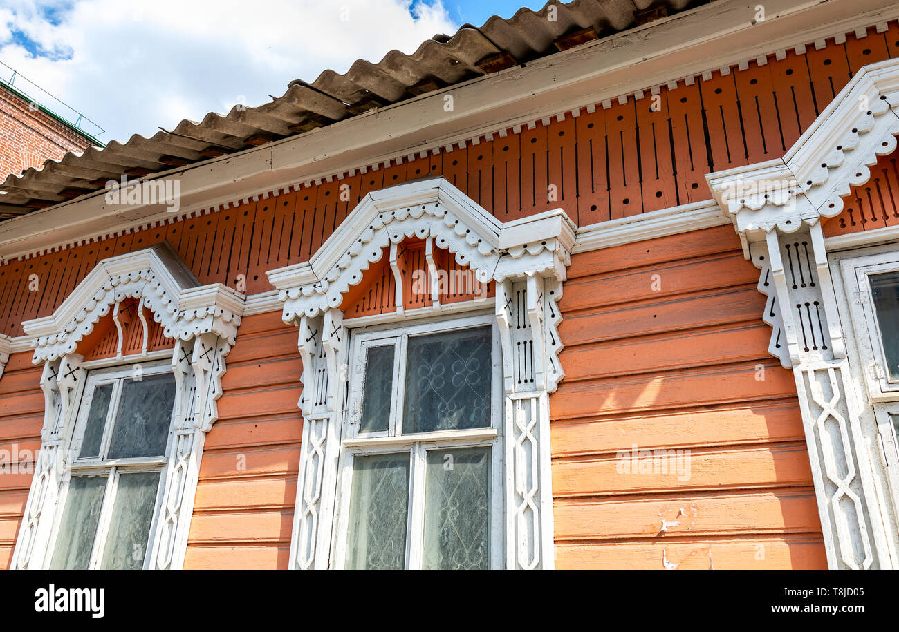 Russian traditional wooden architecture. Facade of an old house ...