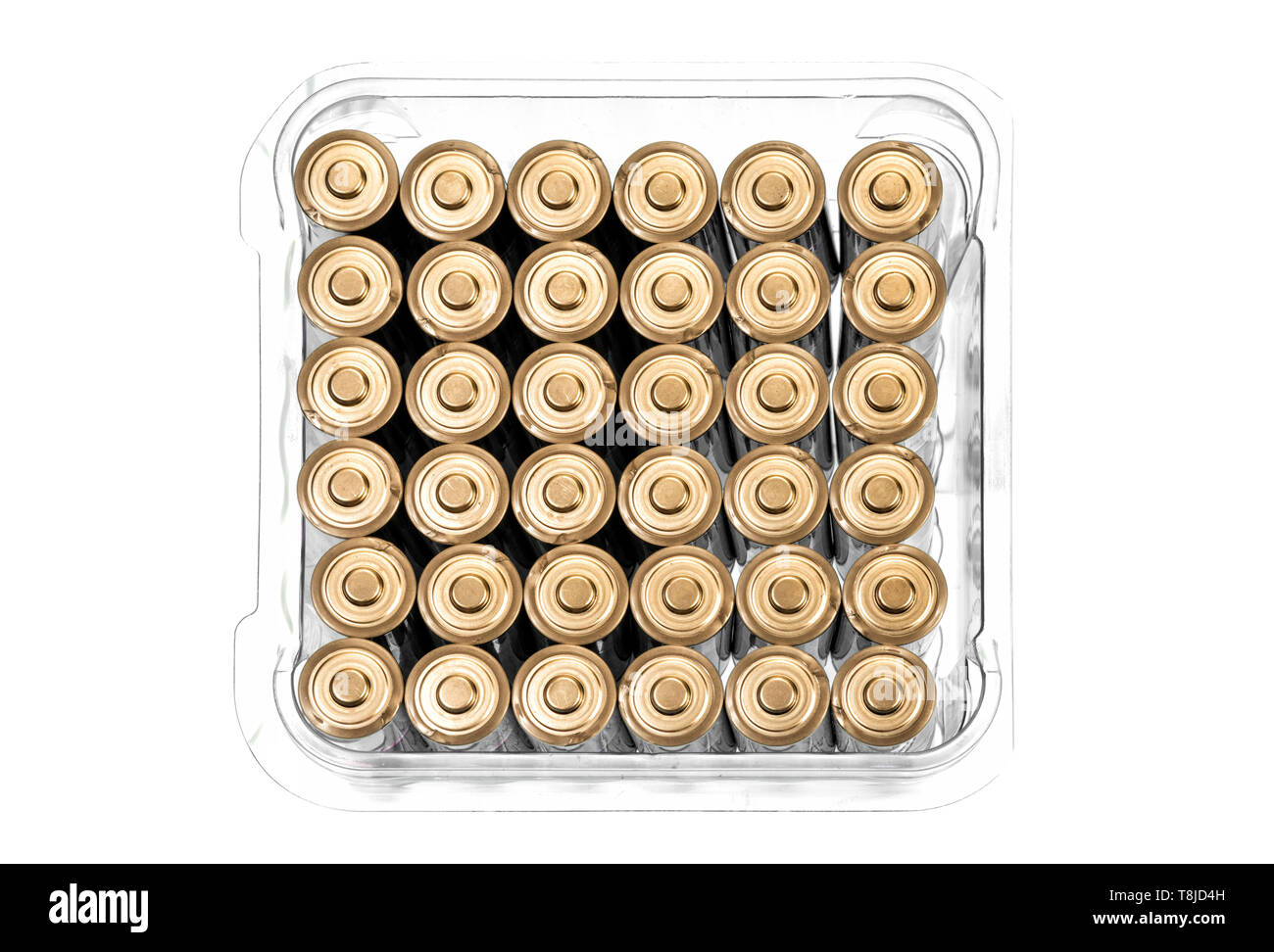 Horizontal shot looking down at a new case of AA batteries. Isolated on ...