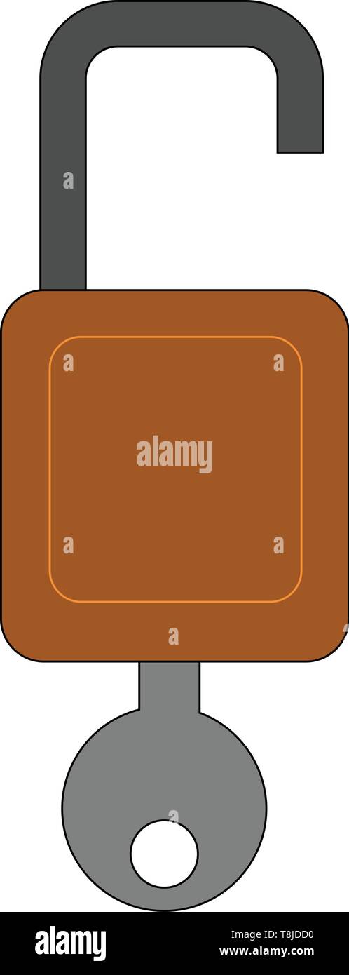 A brown color open lock with black loop and grey color key inside ...