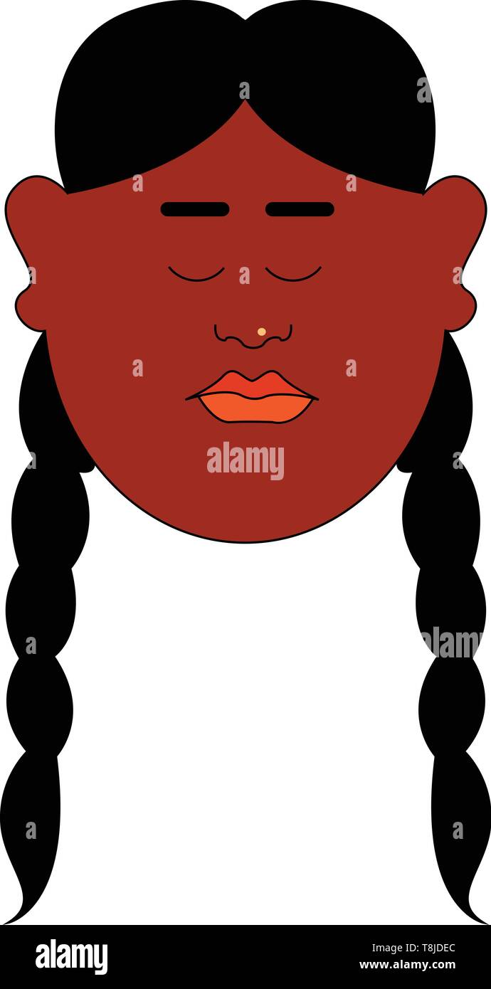 A girl with brown colored face, wearing two plaits, with eyes closed ...