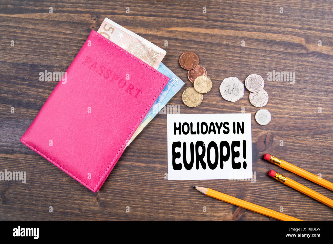 Holidays in Europe. Euro money and British coins with passport Stock ...