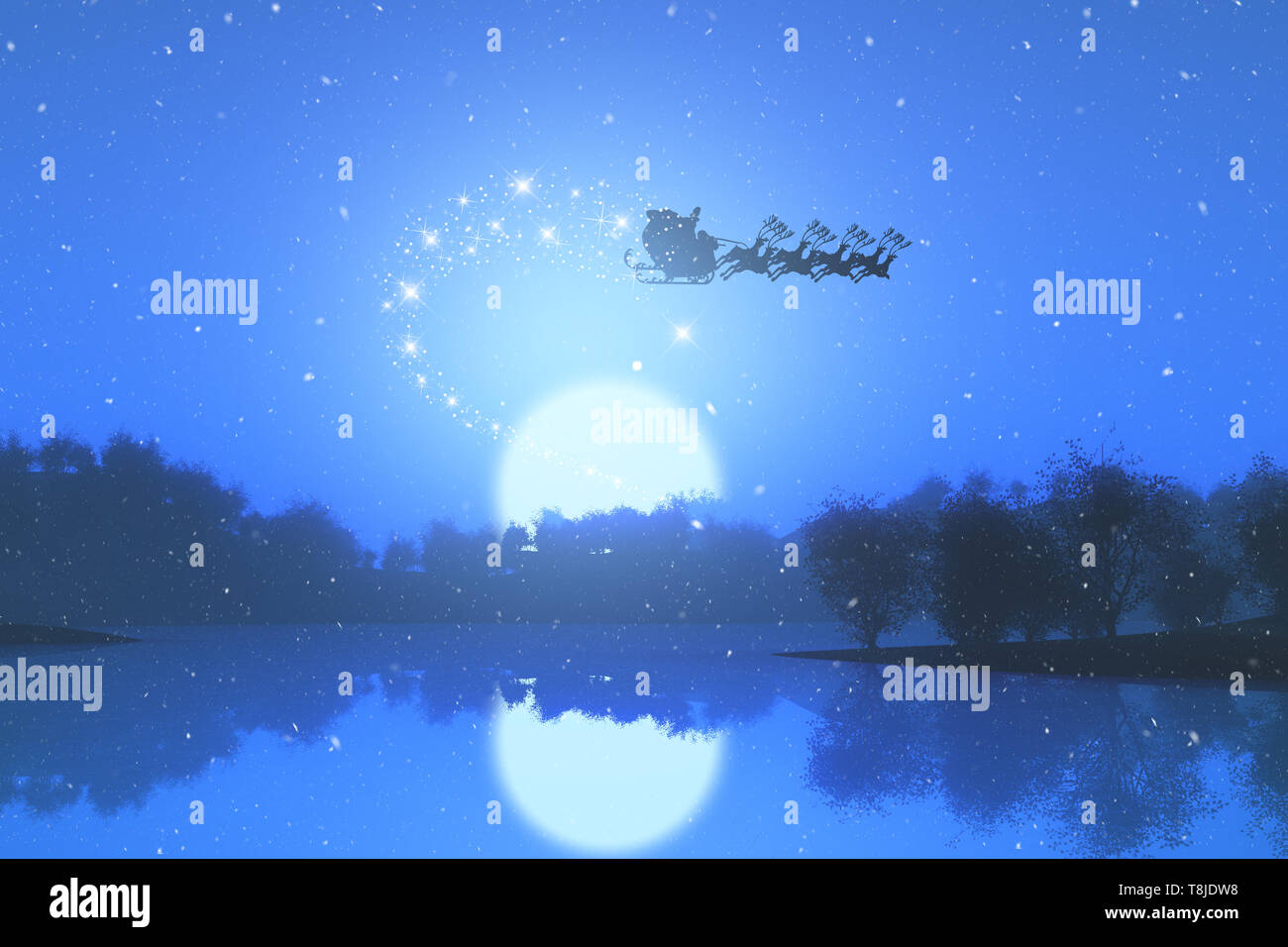 3D render of santa flying through the sky against a sunset landscape ...