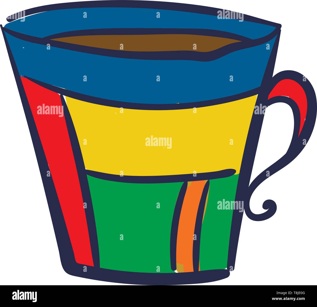 A multi color cup with one side handle, filled with liquid, vector ...